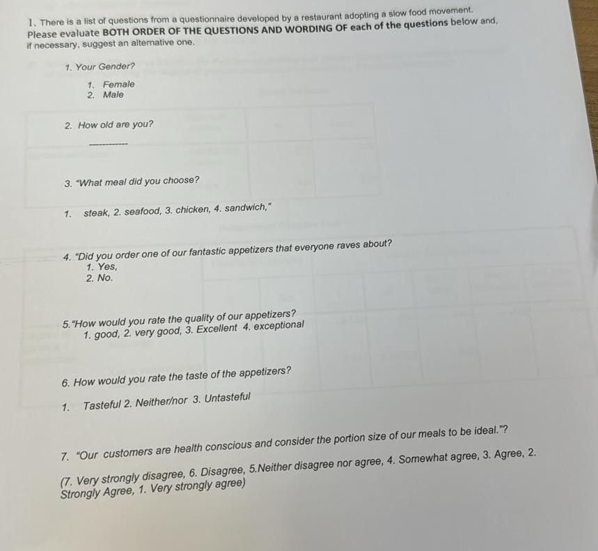 Solved There is a list of questions from a questionnaire | Chegg.com