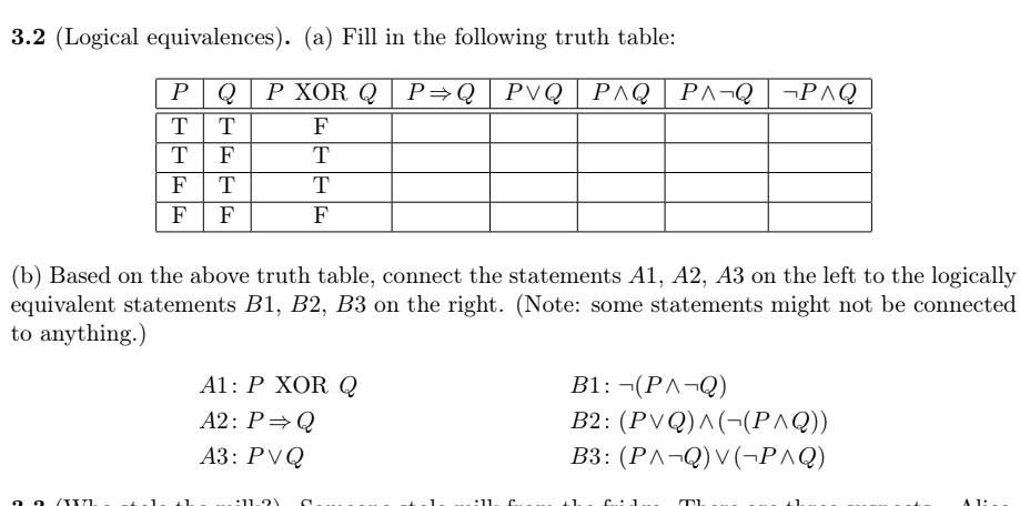 Solved 3.2 (Logical equivalences). (a) Fill in the following | Chegg.com