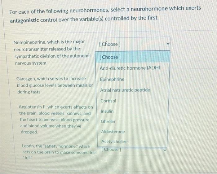 Solved For each of the following neurohormones, select a | Chegg.com