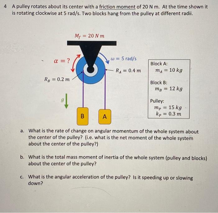 Solved 4 A pulley rotates about its center with a friction | Chegg.com
