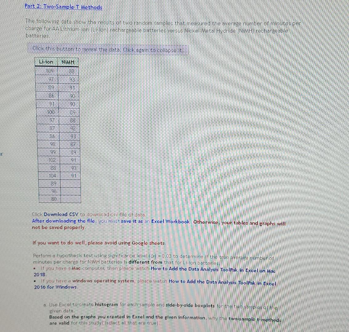 Solved Part 2: Two-Sample T Methods The following data show | Chegg.com