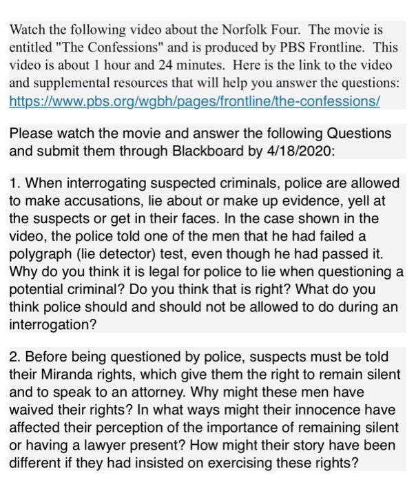 Watch the following video about the Norfolk Four. The | Chegg.com