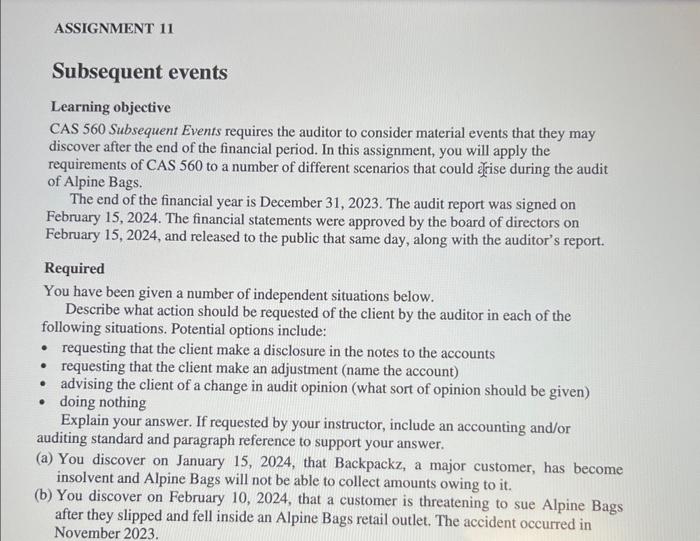 Solved Subsequent events Learning objective CAS 560 | Chegg.com