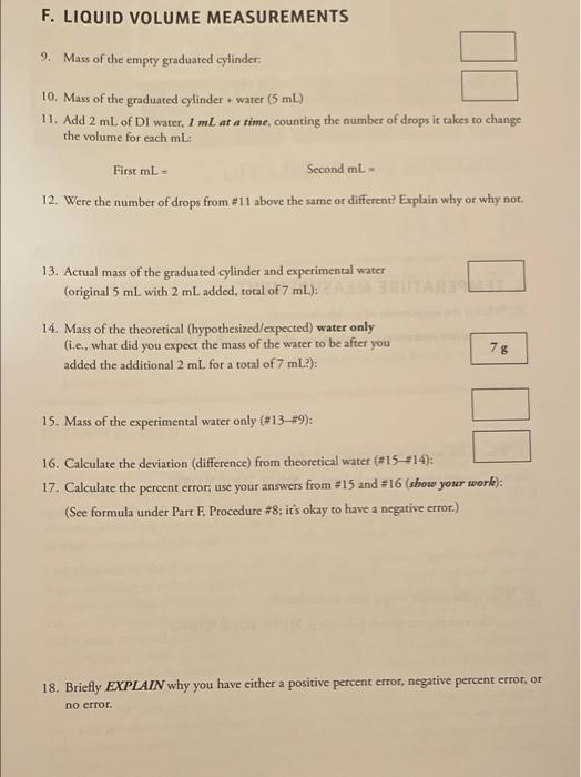F. LIQUID VOLUME MEASUREMENTS 9. Mass of the empty | Chegg.com