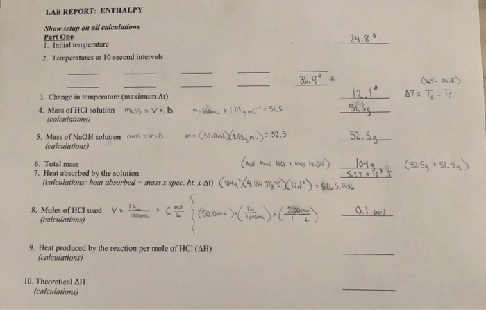 Solved LAB REPORT: ENTHALPY Show setup on all calculations | Chegg.com