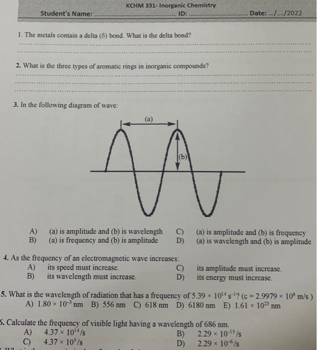 Solved 3. In the following diagram of wave: A) (a) is | Chegg.com