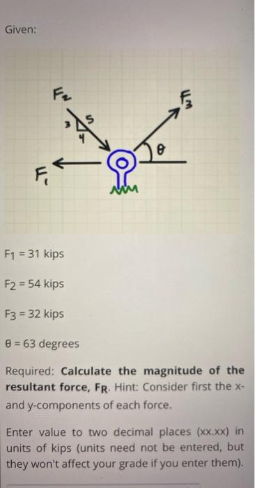 Solved Given: F2 wt e F。 F F1 = 31 kips F2 = 54 kips F3 = 32 | Chegg.com