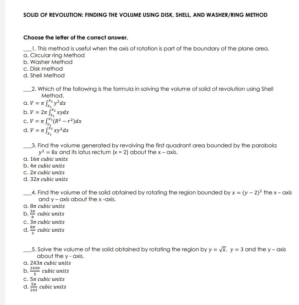 Solved SOLID OF REVOLUTION: FINDING THE VOLUME USING DISK, | Chegg.com