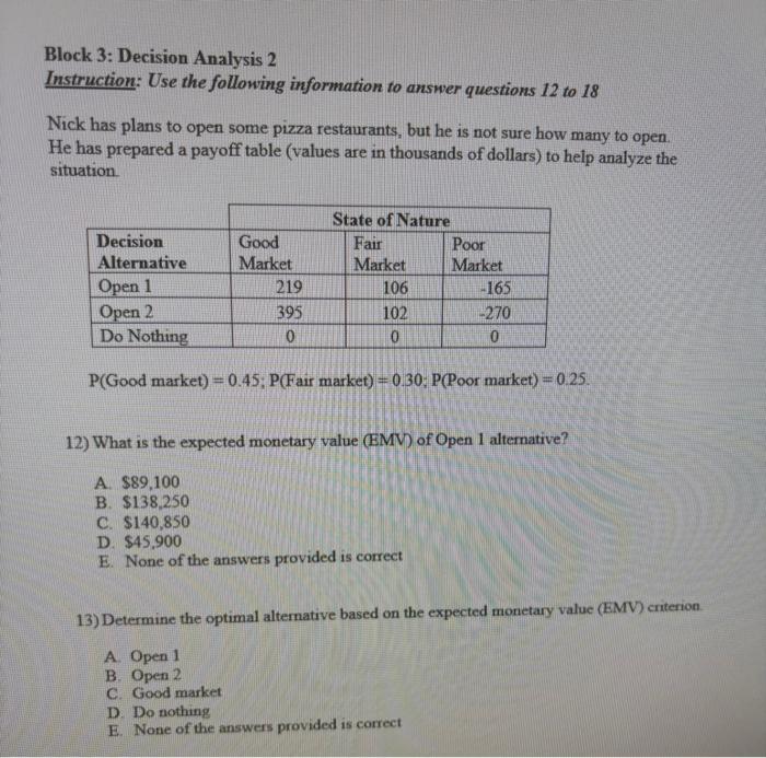 Solved Block 3: Decision Analysis 2 Instruction: Use the | Chegg.com