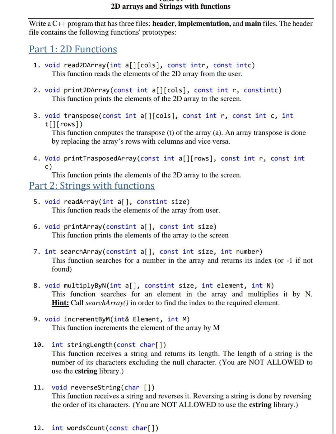 Solved 2D arrays and Strings with functions Write a C++ | Chegg.com