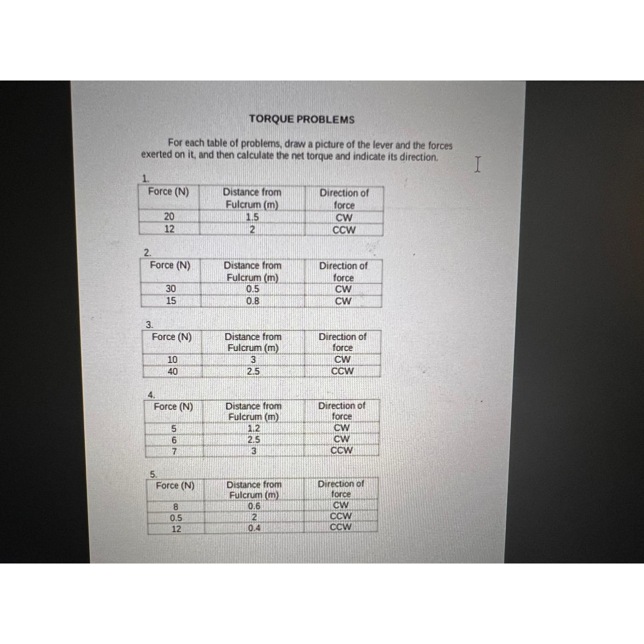 Solved TORQUE PROBLEMSFor each table of problems, draw a | Chegg.com