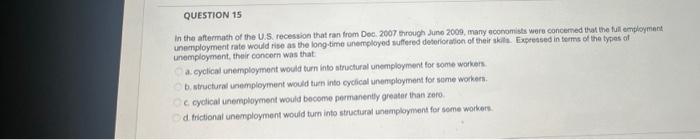 Solved In the aftermath of the U.S. recession that ran from | Chegg.com