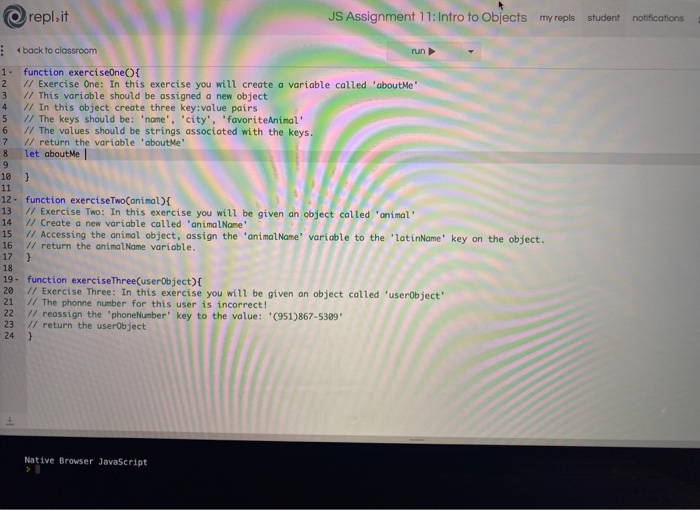Solved replit JS Assignment 11: Intro to Objects my repls | Chegg.com