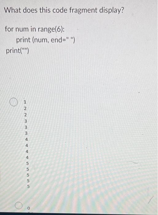 Solved What does this code fragment display? for num in | Chegg.com