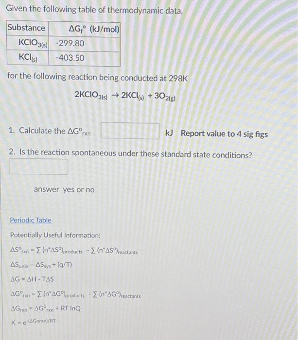 Solved Given the following table of thermodynamic data, for | Chegg.com