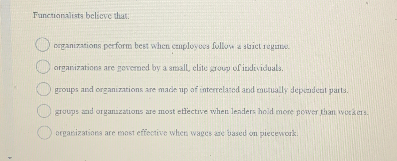 Solved Functionalists believe that:organizations perform | Chegg.com