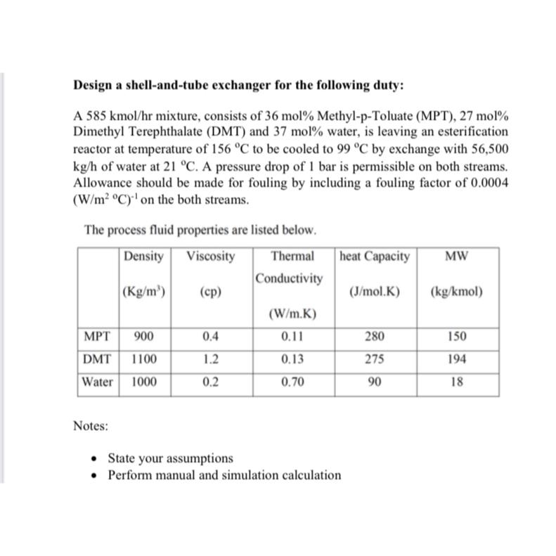 Solved Design a shell-and-tube exchanger for the following | Chegg.com
