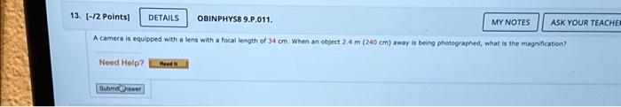 Solved 13. [-/2 Points] DETAILS OBINPHYS8 9.P.011. A camera | Chegg.com