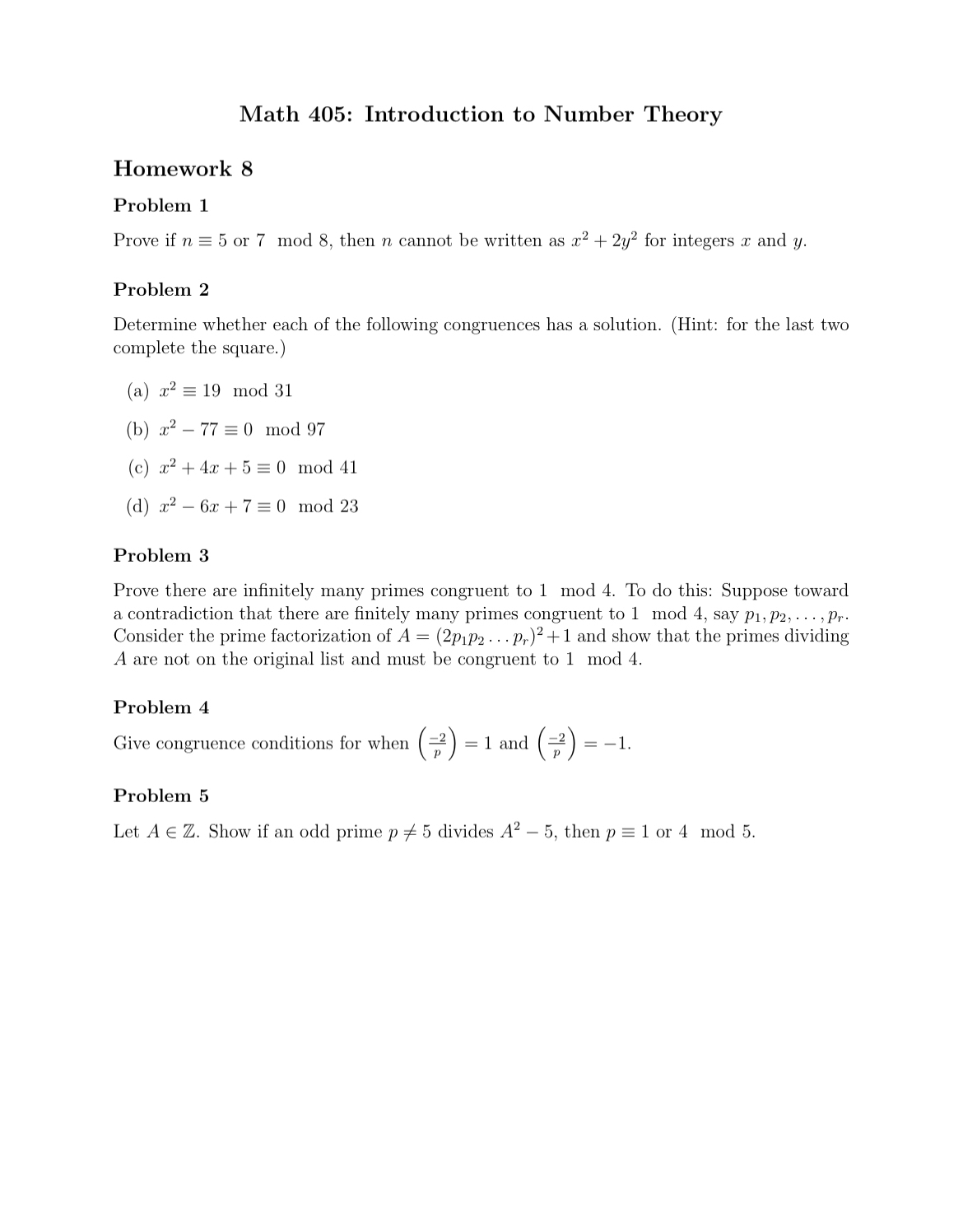 Solved Math 405: Introduction to Number TheoryHomework | Chegg.com