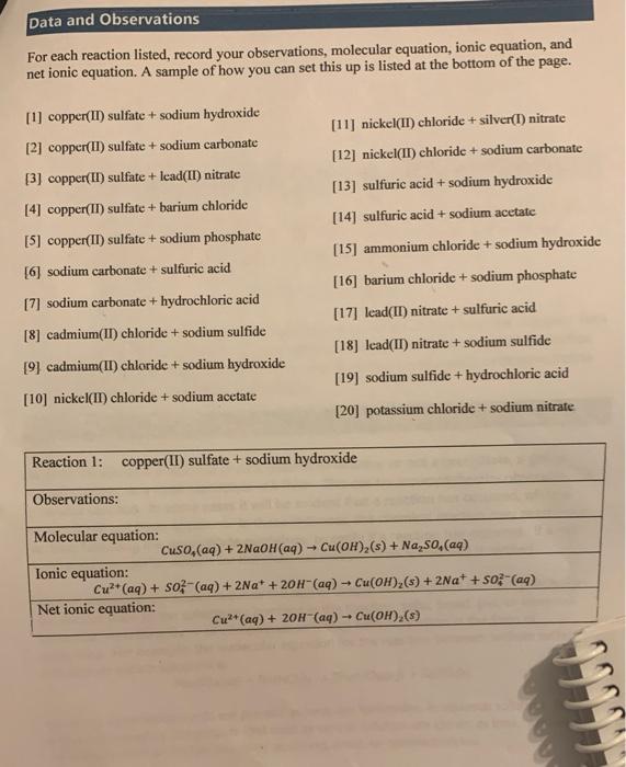 Solved For each reaction listed, record your observations, | Chegg.com
