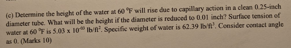 Solved (c) Determine the height of the water at 60 °F will | Chegg.com