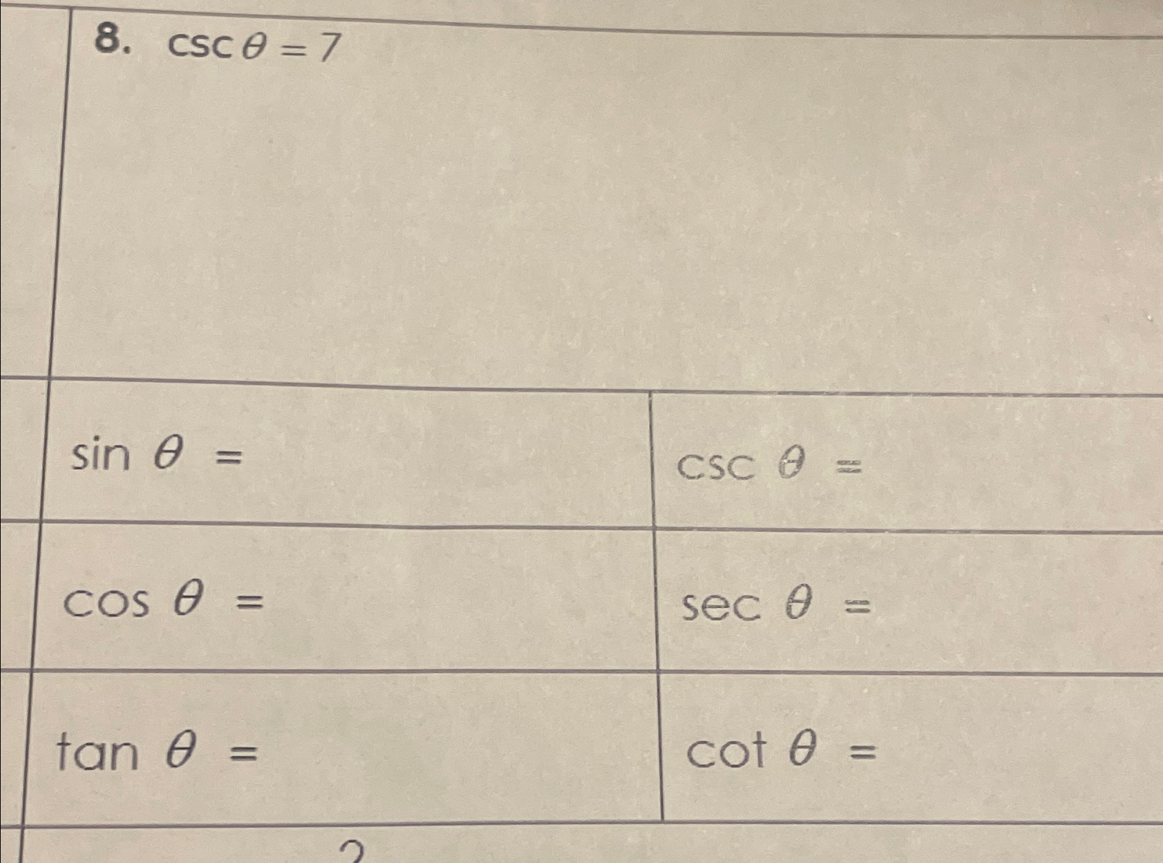Solved cscθ=7\table[[sinθ=,cscθ= | Chegg.com