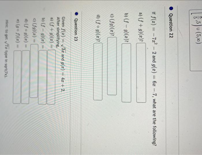 Solved Question 22 If f(x)=−7x2−2 and g(x)=6x−7, what are | Chegg.com