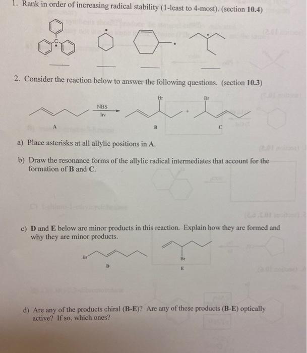 Solved 1. Rank in order of increasing radical stability | Chegg.com