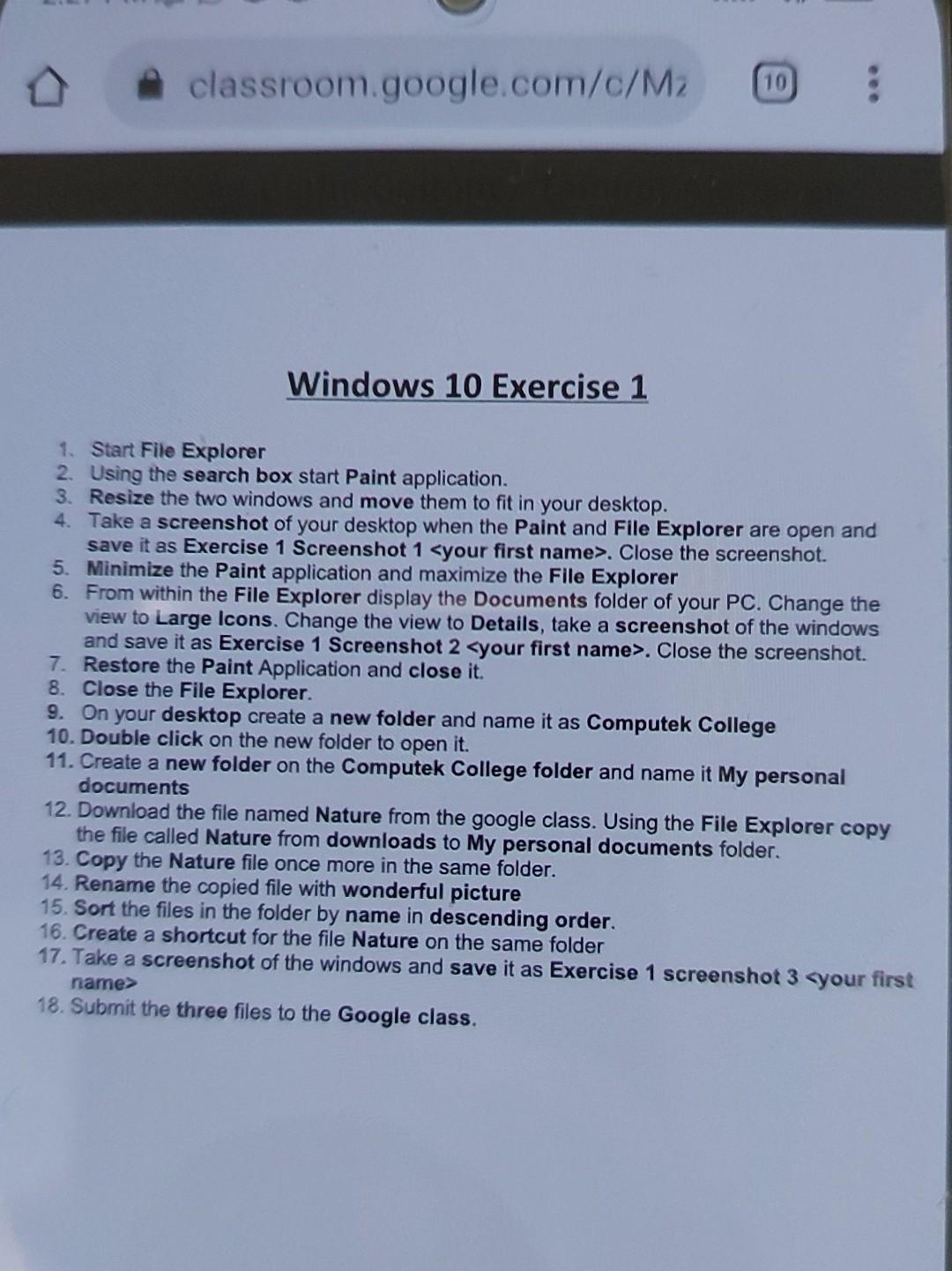 Solved classroom.google.com/c/M2 10 Windows 10 Exercise 1 1. | Chegg.com