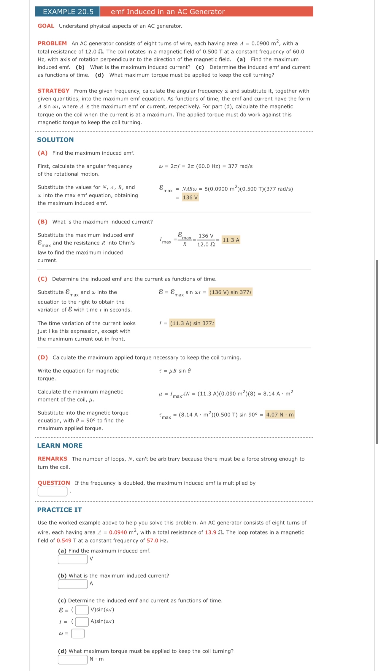 Solved EXAMPLE 20.5 , ﻿emf Induced in an AC GeneratorGOAL | Chegg.com