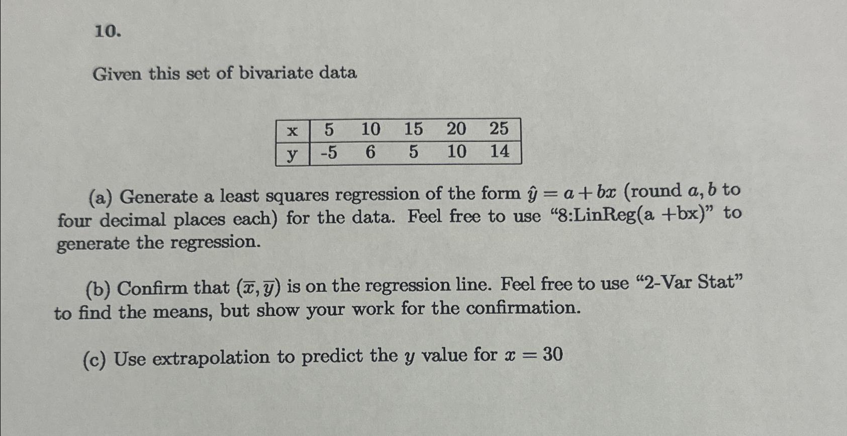 Solved Given this set of bivariate | Chegg.com