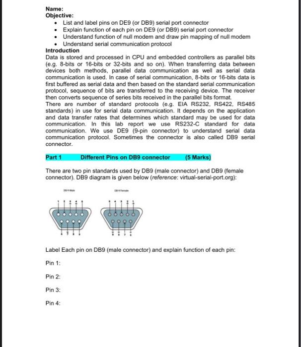 Solved Name: Objective: List and label pins on DE9 (or DB9) | Chegg.com