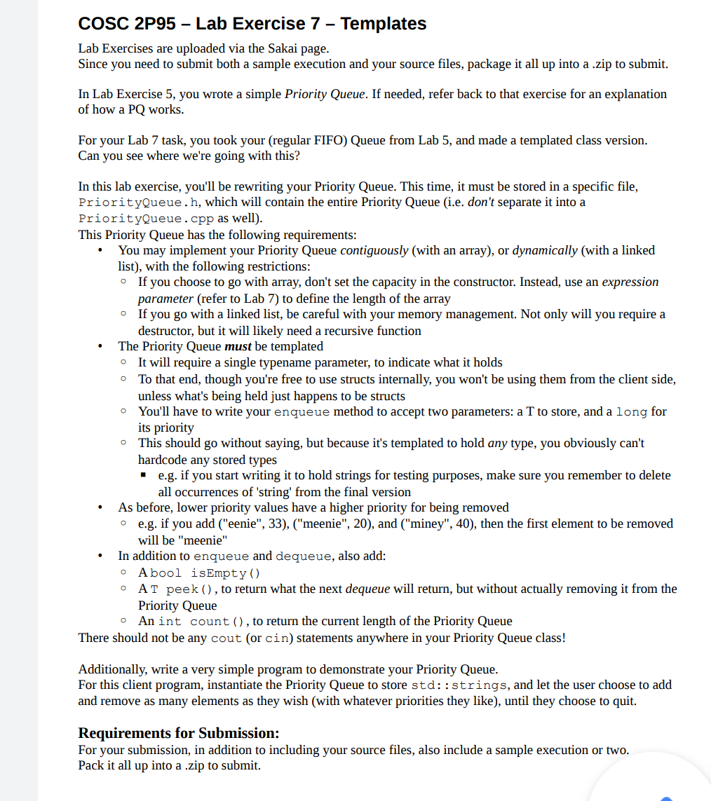 Solved COSC 2P95 - Lab Exercise 7 - Templates Lab Exercises | Chegg.com