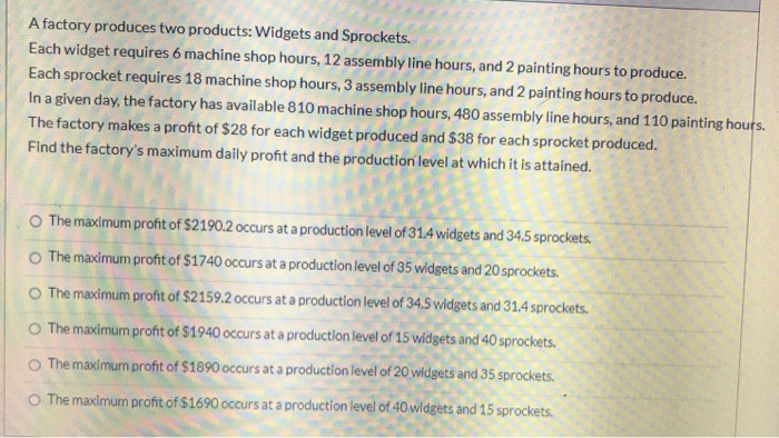 Solved A factory produces two products: Widgets and | Chegg.com