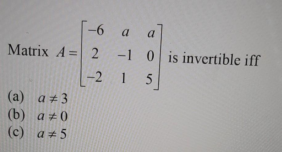 Solved -6 a a Matrix A= 2 -10 is invertible iff -2 1 5 (a) | Chegg.com