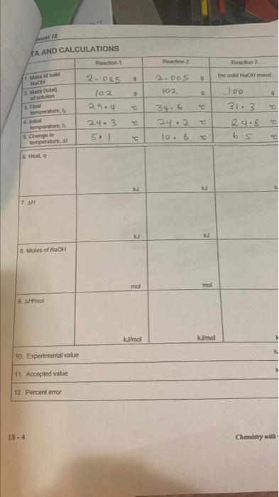 AA AND CALCULATIONS 10. Experimental value 11 | Chegg.com