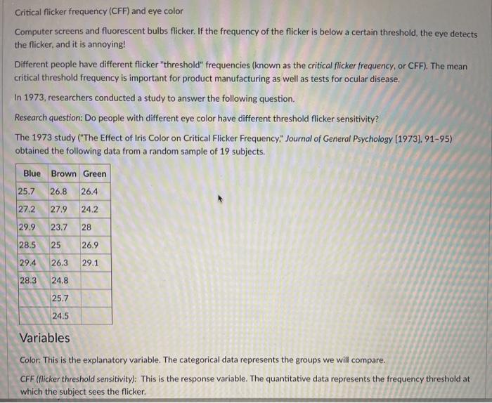 Solved Critical ficker frequency (CFF) and eye color | Chegg.com
