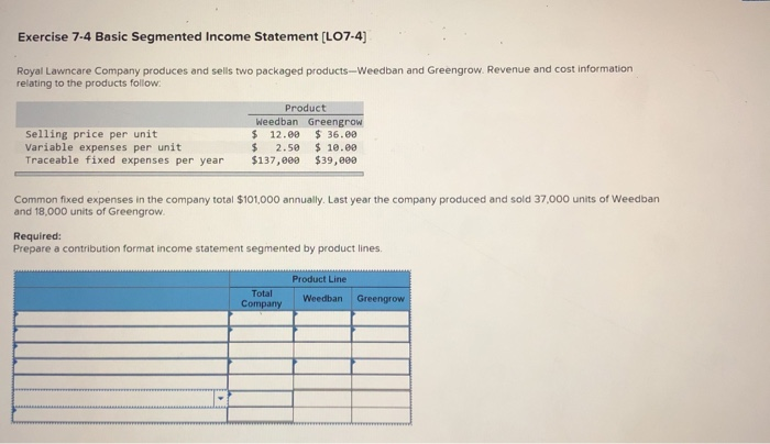 Solved Exercise 7-4 Basic Segmented Income Statement (L07-4) | Chegg.com