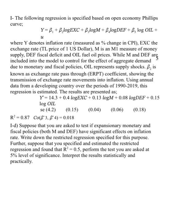 Solved I- The following regression is specified based on | Chegg.com
