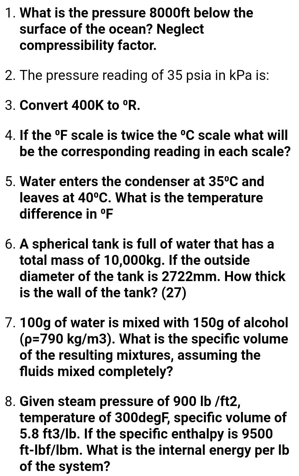 Solved 1. What is the pressure 8000ft below the surface of | Chegg.com