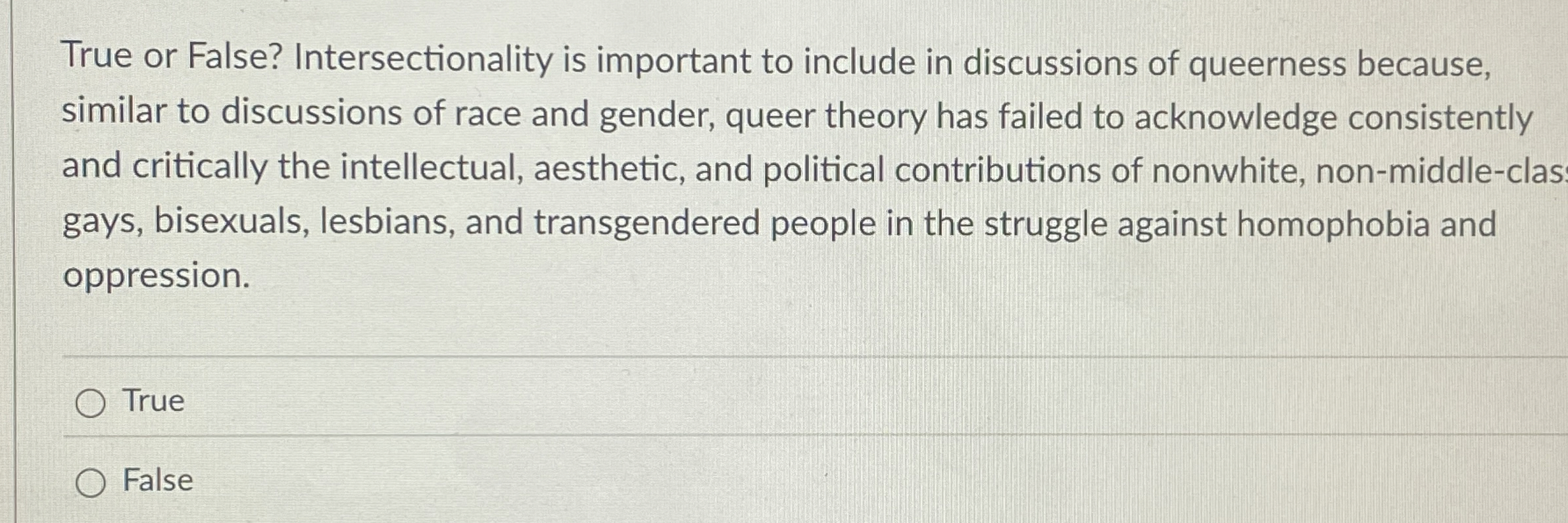 Solved True or False? Intersectionality is important to | Chegg.com