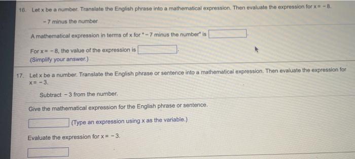 Solved 16. Let x be a number. Translate the English phrase | Chegg.com