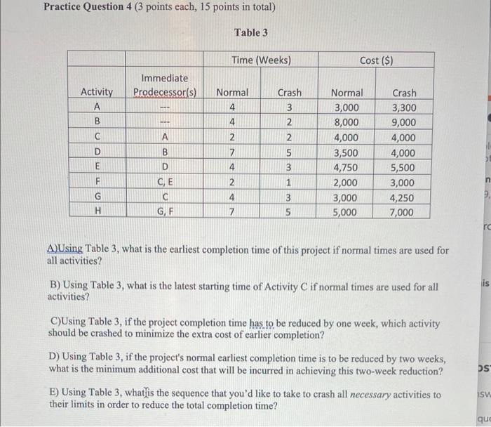 Solved A Using Table 3, what is the earliest completion time | Chegg.com