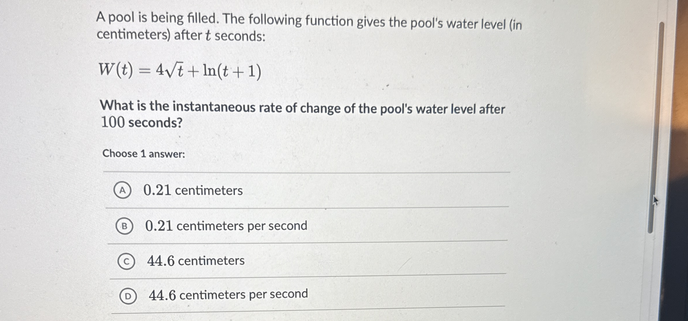 Solved A pool is being filled. The following function gives | Chegg.com