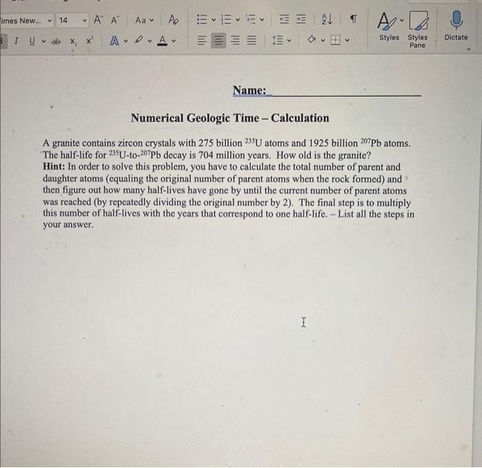 Solved Numerical Geologic Time - Calculation A granite | Chegg.com
