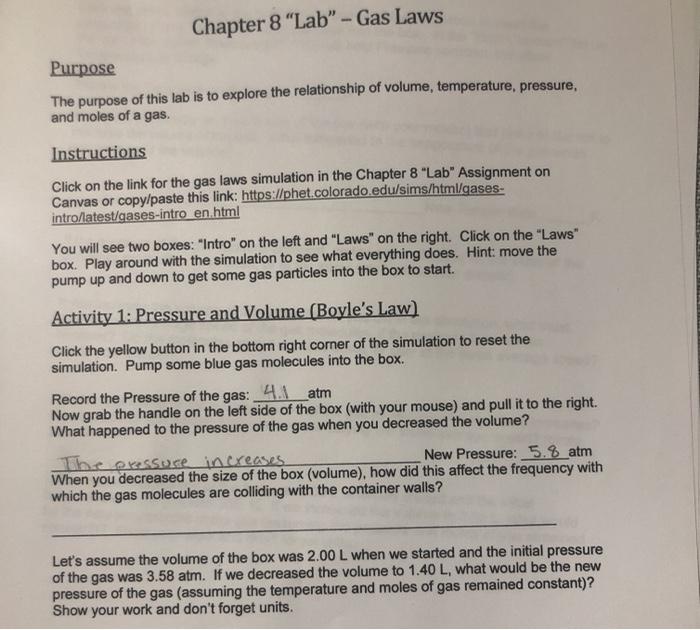 Solved Chapter 8 "Lab” - Gas Laws Purpose The purpose of | Chegg.com