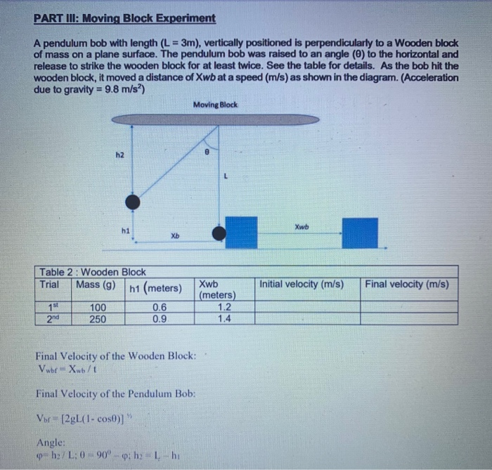 PART III: Moving Block Experiment A pendulum bob with | Chegg.com