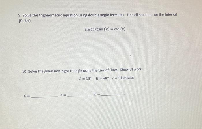 Solved 9. Solve the trigonometric equation using double | Chegg.com