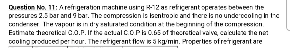 Solved Question No. 11: A refrigeration machine using R-12 | Chegg.com