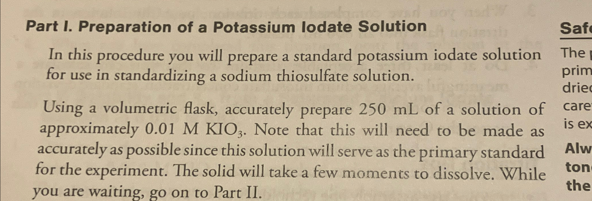Solved Part I. Preparation of a Potassium lodate SolutionIn | Chegg.com